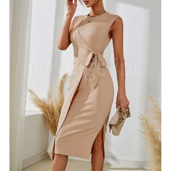 Rouge! | Dresses | Beige Bodycon Dress Tie Overlapping Side Midi ...